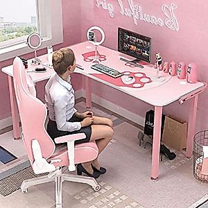 DESIGNA Pink Gaming Desk, 60 inch Pink L Shaped Gaming Desk, with Full Covered Cute Pink Desk mat for Girl Gaming Desk Pink, Easy to Assemble, Left Side
