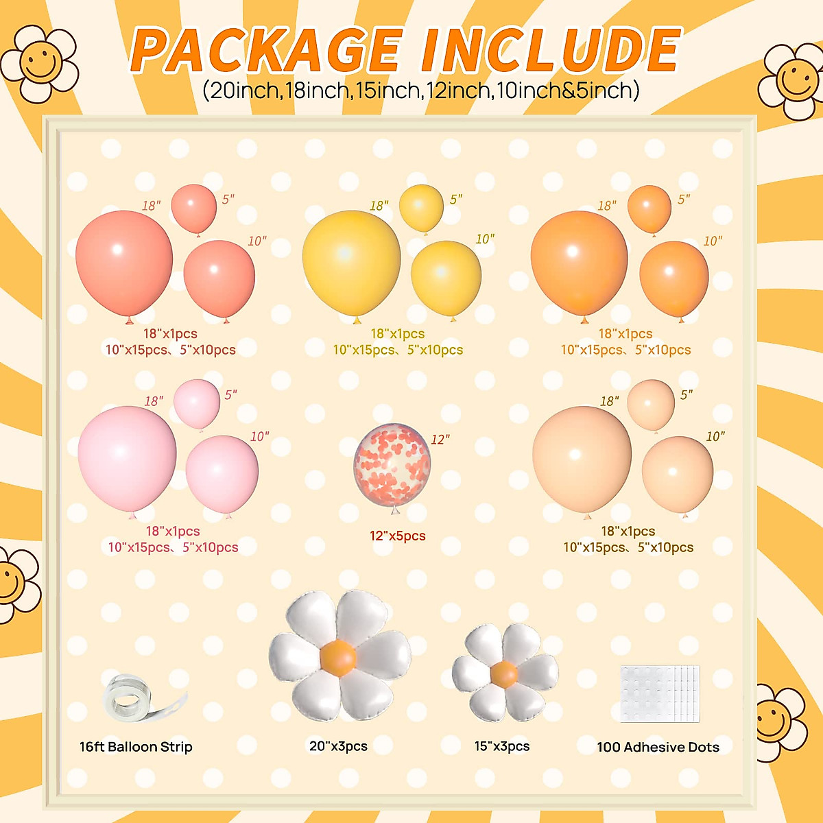 Boho Daisy Balloon Garland Arch Kit,JOGAMS 172Pcs Groovy Balloon Arch Kit with Daisy Flower Rose Gold Confetti Balloons for Boho Daisy Theme Birthday Baby Shower Wedding Groovy Party Decorations