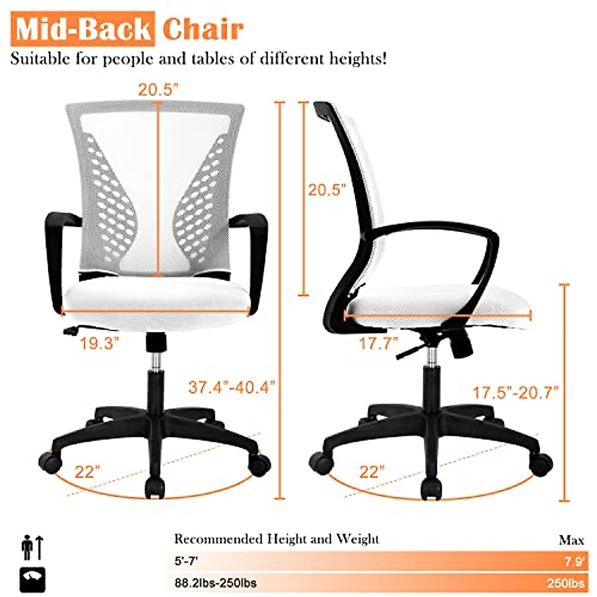 CL.Store Ergonomic Office Chair Home Desk Mesh Computer with Lumbar Support Armrest Modern Executive Rolling Swivel Task Work Mid Back Adjustable (White), MC-GF411-White
