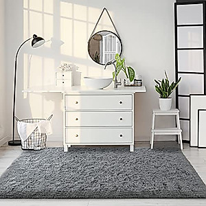 Soft Grey Rug for Living Room, Washable 4'X6' Fluffy Shag Area Rug for Bedroom Office Nursery Room, Gray Throw Shaggy Furry Carpet Rectangle Faux Fur Plush Rugs for Beside Teen Room Home Décor