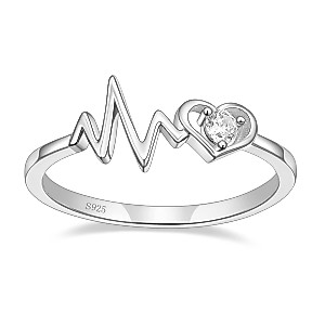 Arvaleff 925 Sterling Silver Rings for Women Wedding Band Heart Beat Cubic Zirconia Engagement Eternity Ring Thin Stackable Comfort Fit Size 8