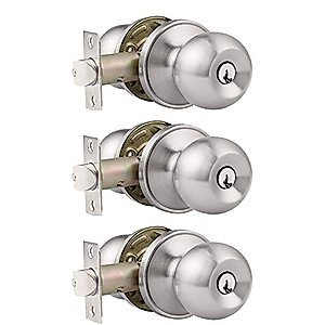 Probrico（3 Pack Entry Door Knob Keyed Alike,Satin Nickel Finish Door Lock Handle,Entry Door Lock/Ball Door knobs with Lock and Same Key,Entrance Knob[Lock with 3 Combo Keys] for Office or Front Door
