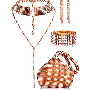 Quelay 4 Pieces Women Crystal Jewelry Set Rhinestone Tassel Necklace Stretch Bangle Bracelet Crystal Dangle Fringe Earrings and Rhinestone Handbag for Wedding Party (Medium, Rose Gold)