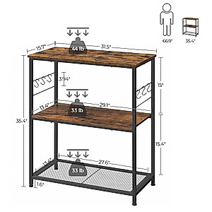 VASAGLE Bakers Rack, Kitchen Shelf, Kitchen Island, Microwave Oven Stand with 3 Open Shelves, 6 Hooks, Metal Frame, 15.7 x 31.5 x 35.4 Inches, Industrial, Rustic Brown and Black UKKI002B01