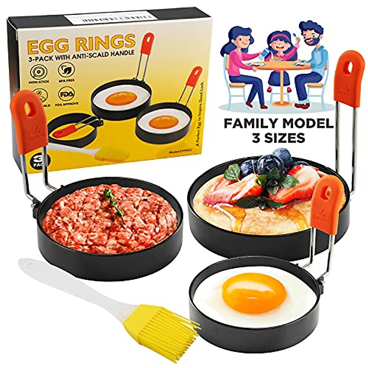 meidong Egg Ring 3 Packs in 3 Sizes Anti-Scald Egg Rings for Frying Leak-Proof with an Oil Brush Fold-up Stainless Handle Nonstick Egg Rings Mold (3 + 3.6 + 4.2 inch)