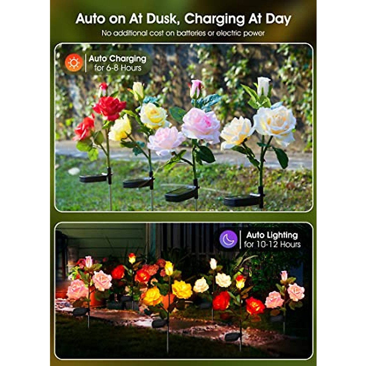 Solar Garden Lights - 4 Pack LED Solar Flower Lights with Larger & More Realistic Rose Flowers, Bigger Solar Panel, Waterproof Solar Outdoor Lights for Yard Patio Lawn Pathway Walkway Decoration