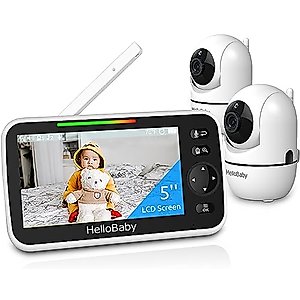 HelloBaby 5’’ Baby Monitor with 26-Hour Battery, 2 Cameras Pan-Tilt-Zoom, 1000ft Range Video Audio Baby Monitor No WiFi, VOX, Night Vision, 2-Way Talk, 8 Languages and Baby Registry Search