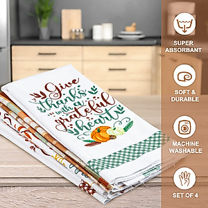 Whaline Fall Kitchen Towel Autumn Leaves Green Brown Plaids Dish Towel Retro Thanksgiving Fall Harvest Tea Towel Hand Drying Cloth Towel for Autumn Holiday Kitchen Cooking Baking, 4 Pack, 28 x 18 Inch
