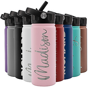 Amazing Items Personalized Water Bottle w/Straw & Lid, 18 oz - Pink | Custom Stainless Steel Sports Water Bottle w/Name and Text - Double-Wall, Vacuum Insulated - Rotating Handle
