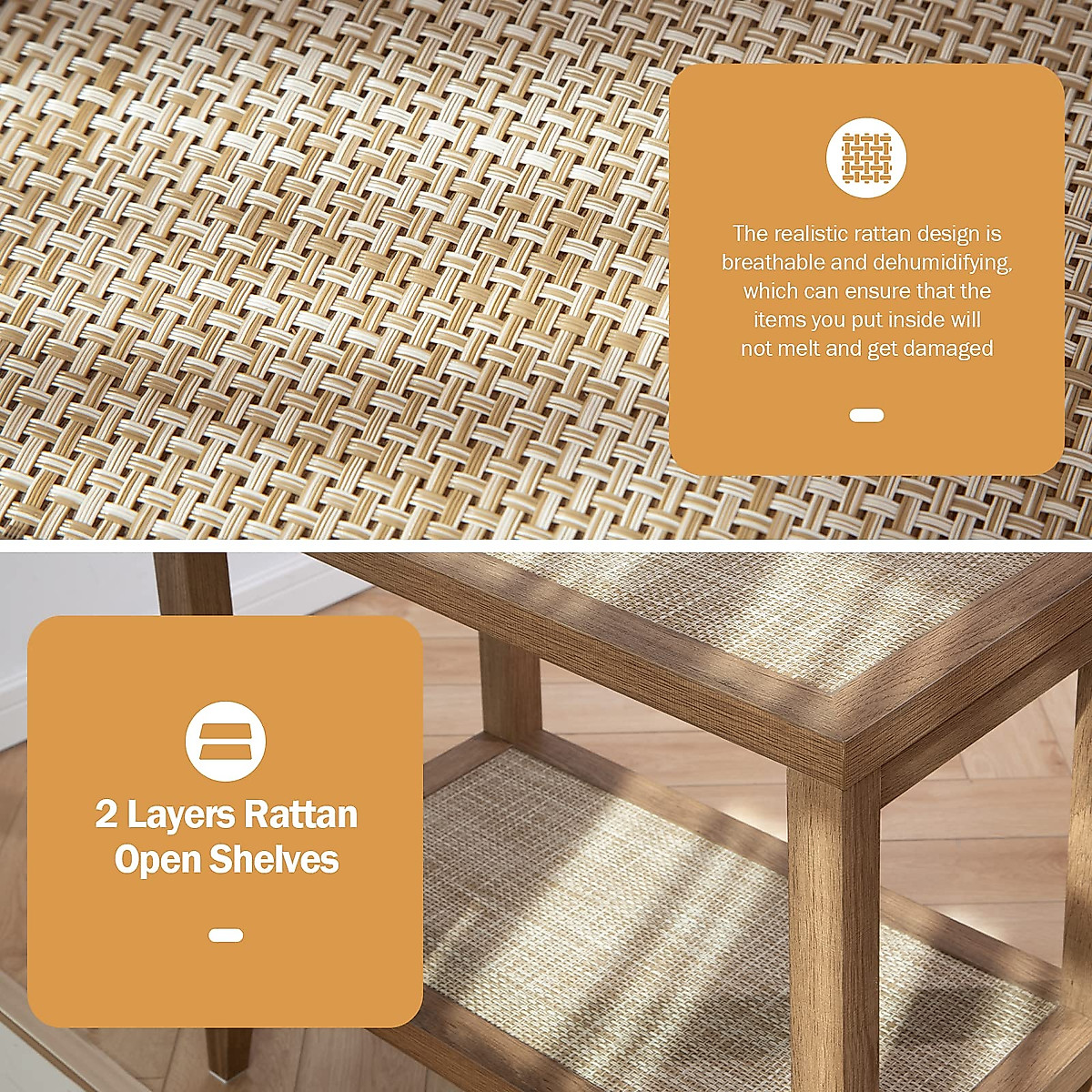 SICOTAS Rattan Nightstands Set of 2 Bedside Table - Boho Narrow End Table Living Room Set of 2 Side Table with Rattan Storage Shelves for Small Space