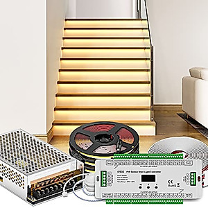 BTF-LIGHTING PIR Sensor Stair Light ES32 Controller Kit 3X16FT Custom FCOB LED Strip Length Fits All Widths of Stairs DC24V 3000K CRI 90+ 8mm Width Dimmable Uniform Light Multiple On and Off Modes