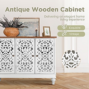 Sophia & William Sideboard and Buffet with Storage, 3-Door Hollow-Carved Accent Cabinet, Distressed Wood Storage Cabinet Cupboard for Kitchen, Dining Room, Living Room, Entryway, White