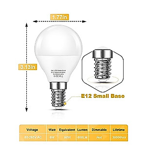 EvaStary Ceiling Fan Light Bulb E12 Candelabra Base, 3000K Warm White 60 Watt Equivalent, E12 LED Chandelier Light Bulbs, 6W 600LM Brightness G14 Mini Globe Candelabra Lighting, Non-dimmable, 6 Pack