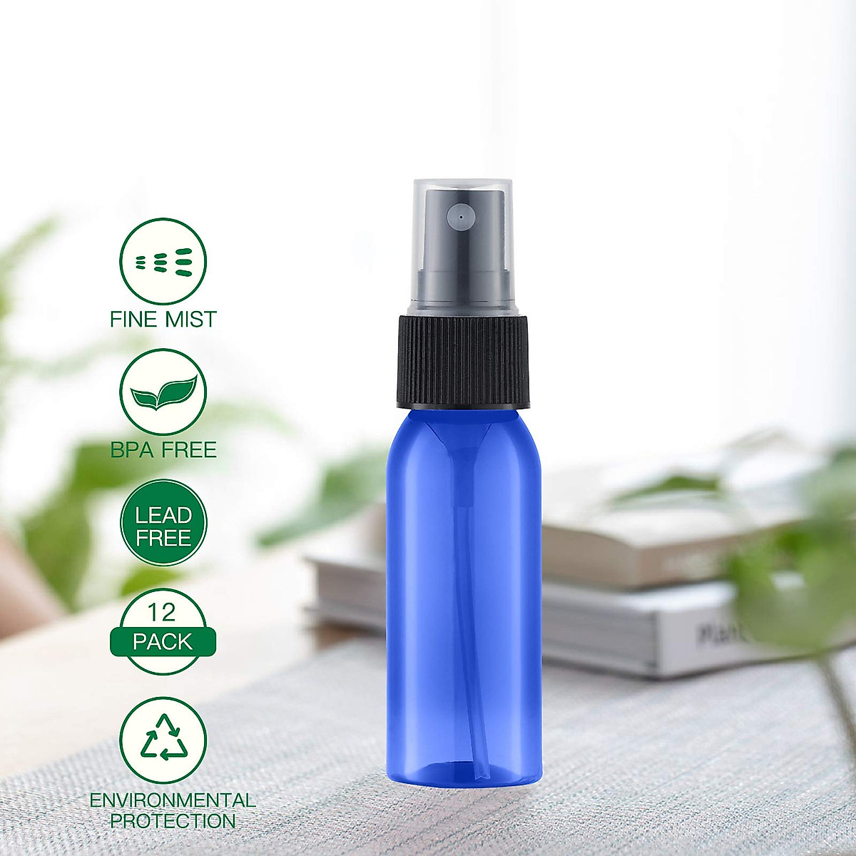 LISAPACK 1oz Small Plastic Blue Spray Bottle (12 Pack) Empty Mini Fine Mist Travel Size Atomizer, Tiny Sprayer for Little Perfume, Water, Cologne, Alcohol, Samples (Cobalt Blue, 30ml)