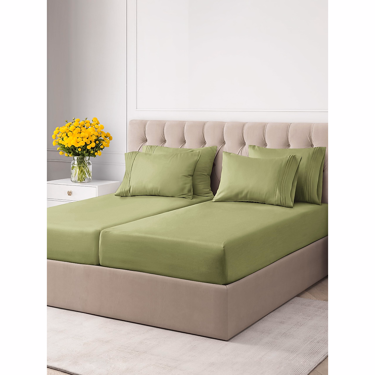 CGK Unlimited Split King 7 Piece Bed Sheet Set- Hotel Luxury Bed Sheets for Women, Men, Kids & Teens Deep Pockets, Breathable & Cooling, Easy Fit, Soft & Wrinkle Free Light Olive Sheets