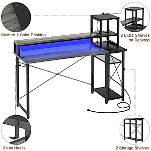 armocity 2024 Upgrade Gaming Desk with LED Lights, Small Computer Desk with Long Monitor Stand, 47.2'' Reversible Laptop Table with Storage Shelves, Small Desk for Small Spaces, Gaming Room, Grey