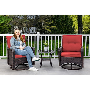 Gotland 3 Pieces Patio Swivel Rocker Wicker Chairs-Outdoor Swivel Rocking Chairs with 1 Rattan Coffee Table&2 Red Thickened Cushions Outdoor Furniture Conversation Sets for Patio Porch Garden