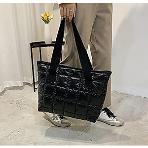 Women Light Weight Puffer Quilted Tote Winter Handbag Shoulder Bag (Black)
