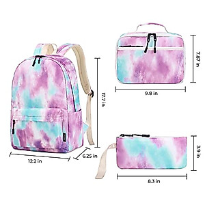 Imyth 3Pcs colorful Backpack sets for Teen Girls, Cute Bookbag School Daypacks for Elementary Middle Students (Tie dye-Purple)