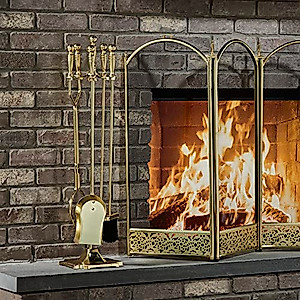 UniFlame Polished Brass Finish 5-Piece Fireplace Tools Set with Heavy Weight Steel Construction