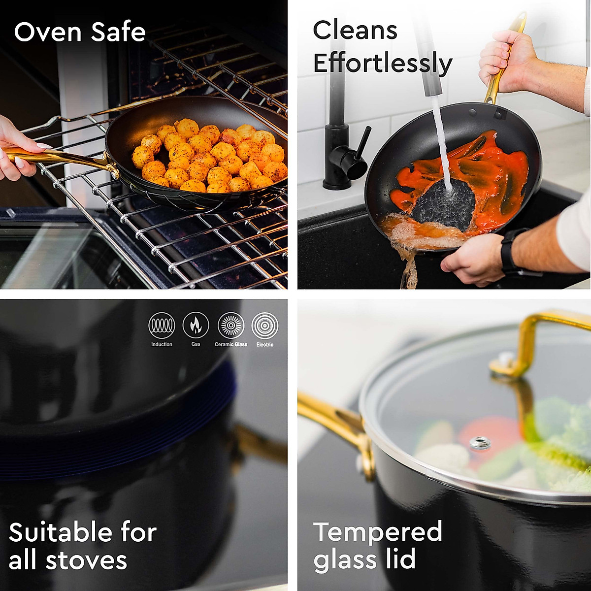 Black and Gold Pots and Pans Set Nonstick - 15PC Luxe Black Pots and Pans Set Non Toxic - Induction Compatible, PFOA Free Black and Gold Cookware Set & Gold Kitchen Utensils - Gold Kitchen Accessories