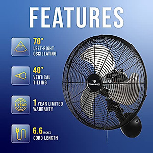 Tornado - 16 Inch Pro Series Oscillating Wall Mount Fan - High Velocity Heavy Duty Metal Wall Mount Fan for Industrial, Commercial, Residential, and Greenhouse Use - UL Safety Listed