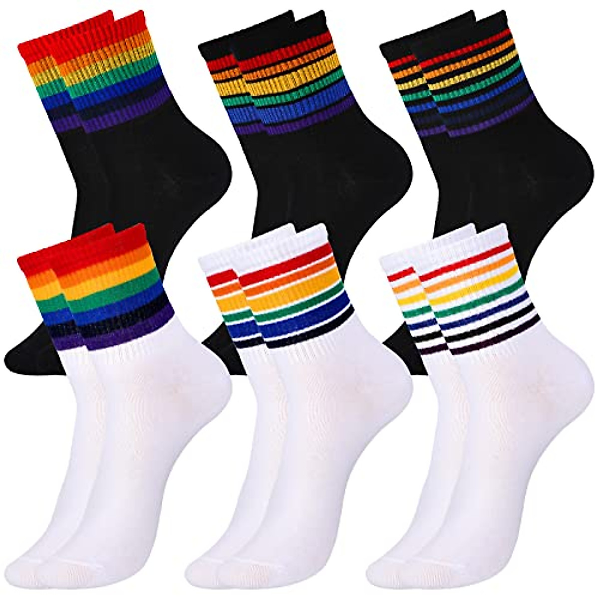 Bencailor 6 Pairs Crew Socks Striped Rainbow Athletic Cotton Novelty Ankle Socks Casual Multicolored Unisex Matching Socks (Vivid)