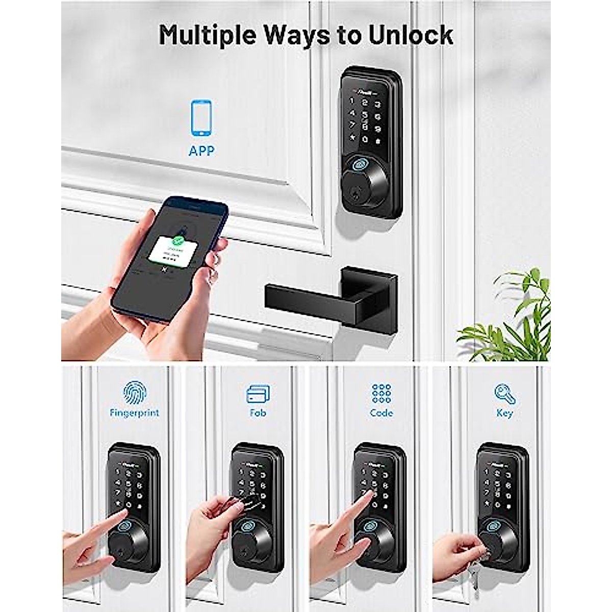 Smart Door Lock Set for Front Door, Zowill 7-in-1 Fingerprint Deadbolt with App Control, Keyless Entry Door Lock with 2 Lever Handles, Biometric,Touchscreen Keypad, Auto Lock, Matte Black