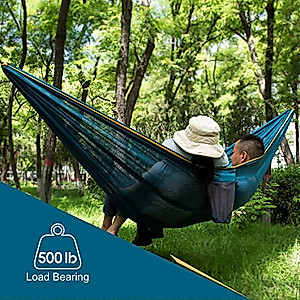 LAISHSNAIL Camping Hammock with Neck Pillow, Portable Mesh Ice-Silk Polyester Outdoor Double Hammocks with 2 Tree Straps, 500 lbs Load Capacity, Perfect for Camping Outdoor/Indoor Patio(Blue)