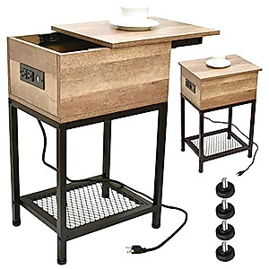 Nightstand with Charging Station USB Outlet, Narrow End Table with Storage Open Shelf, Couch Side Table Slide Top, Wood & Metal Modern Nightstand with Drawer for Bedroom Living Room Dorm, Light Brown