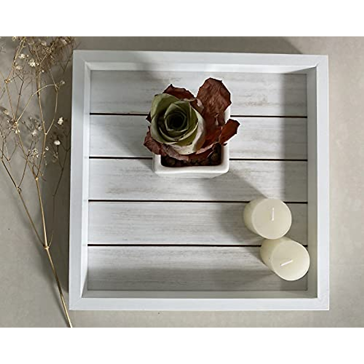 White Square Tray Wooden Serving Tray for Ottoman Vanity Coffee Table Breakfast in Bed Tea Accessory Organizer (12 x 12 x 2 & 10 x 10 x 1.2, Set of 2) (White)
