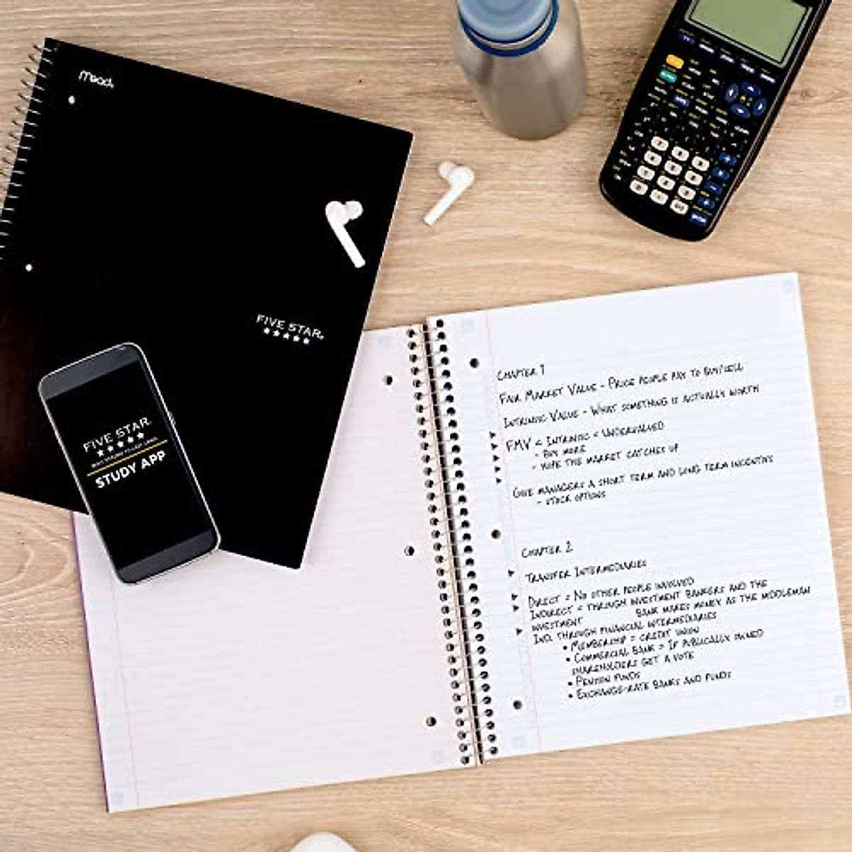 Five Star Spiral Notebook + Study App, 3 Subject, College Ruled Paper, Fights Ink Bleed, Water Resistant Cover, 8-1/2" x 11", 150 Sheets, Black (72069) (Pack of 2)
