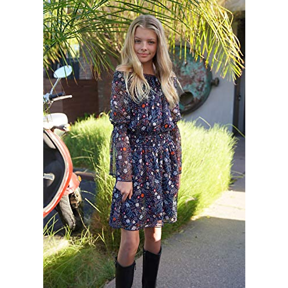 Smukke, Big Girls Tween Beautiful Printed Chiffon Off The Shoulder Long Sleeves Fall Dresses (Multiple Colors), 7-16 (16, Navy Multi)