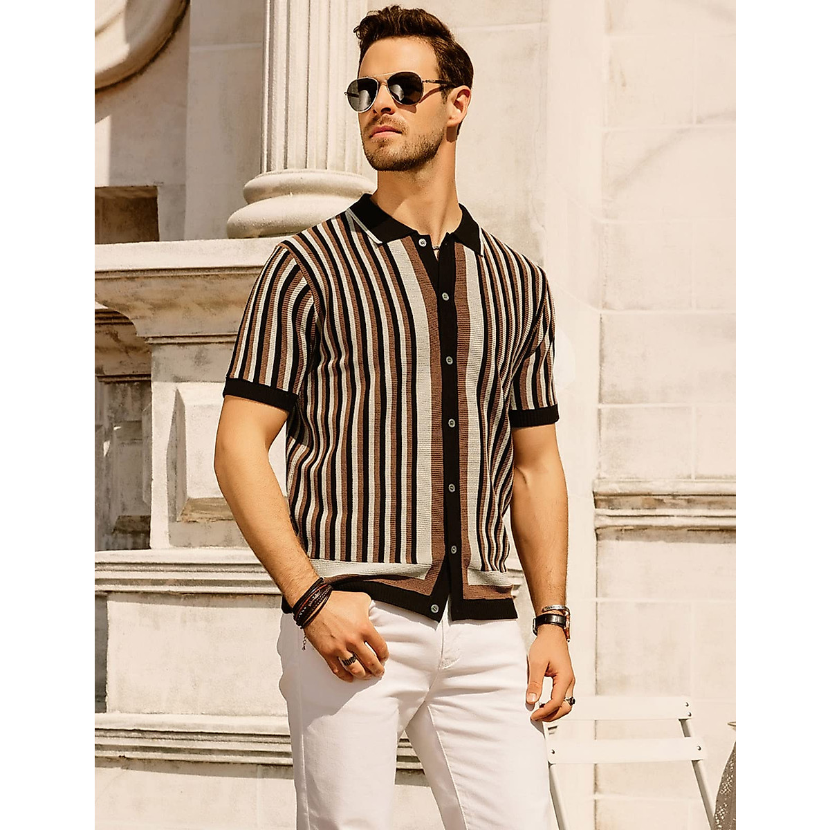 Mens 1950s Striped Polo Shirts Vintage Short Sleeve Button Down Polos 70s Italian Stylish Knit Shirt Retro Fashion Clothes Black-Coffe