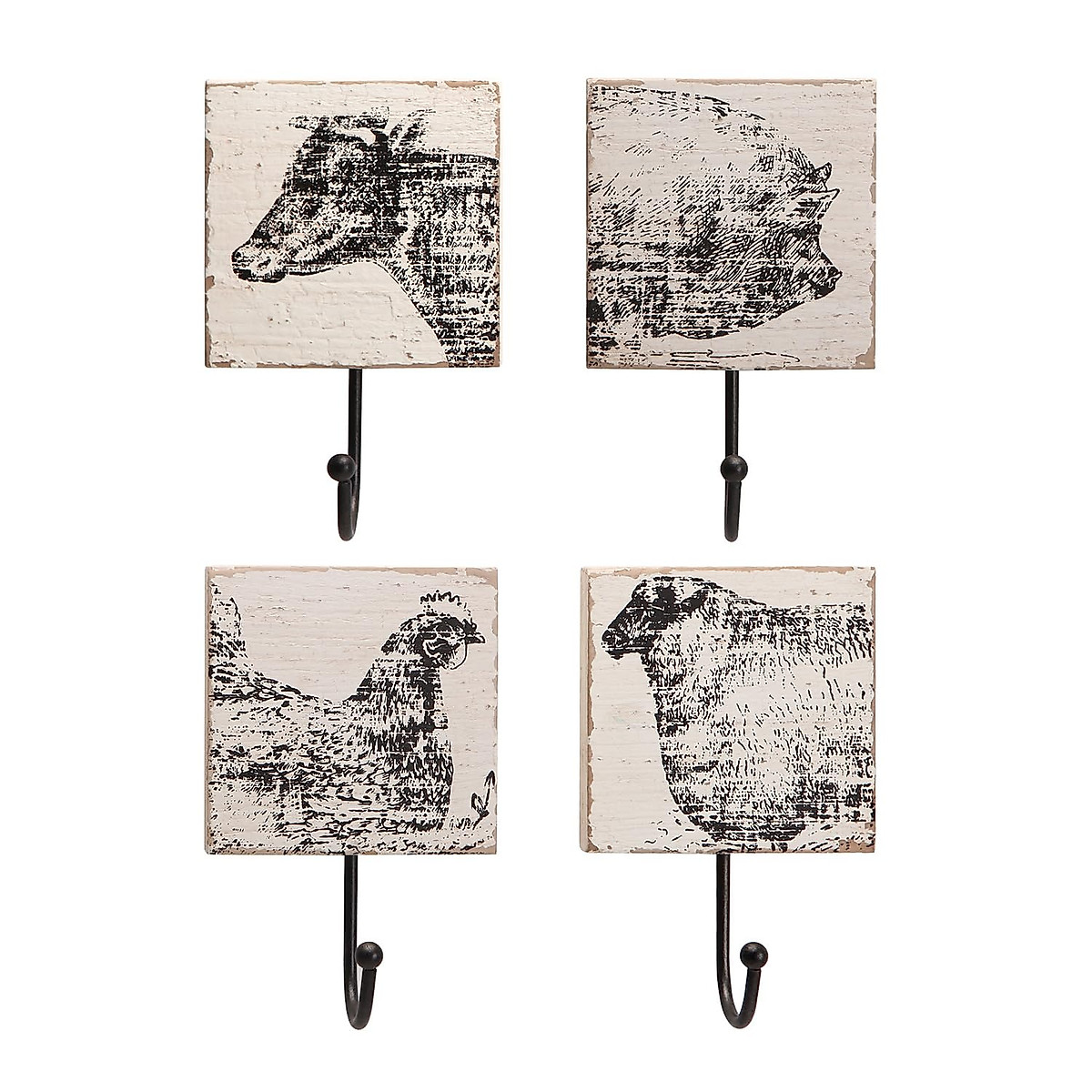 Generic Set of 4 Farm Animal Wall Hooks Rustic Farmhouse Wooden Hanging Coat Hooks Wall Mounted Utility Hook Decor for Coats Hats Towels Bags Keys - 7.87"" x 2.36"" x 4.96"", White