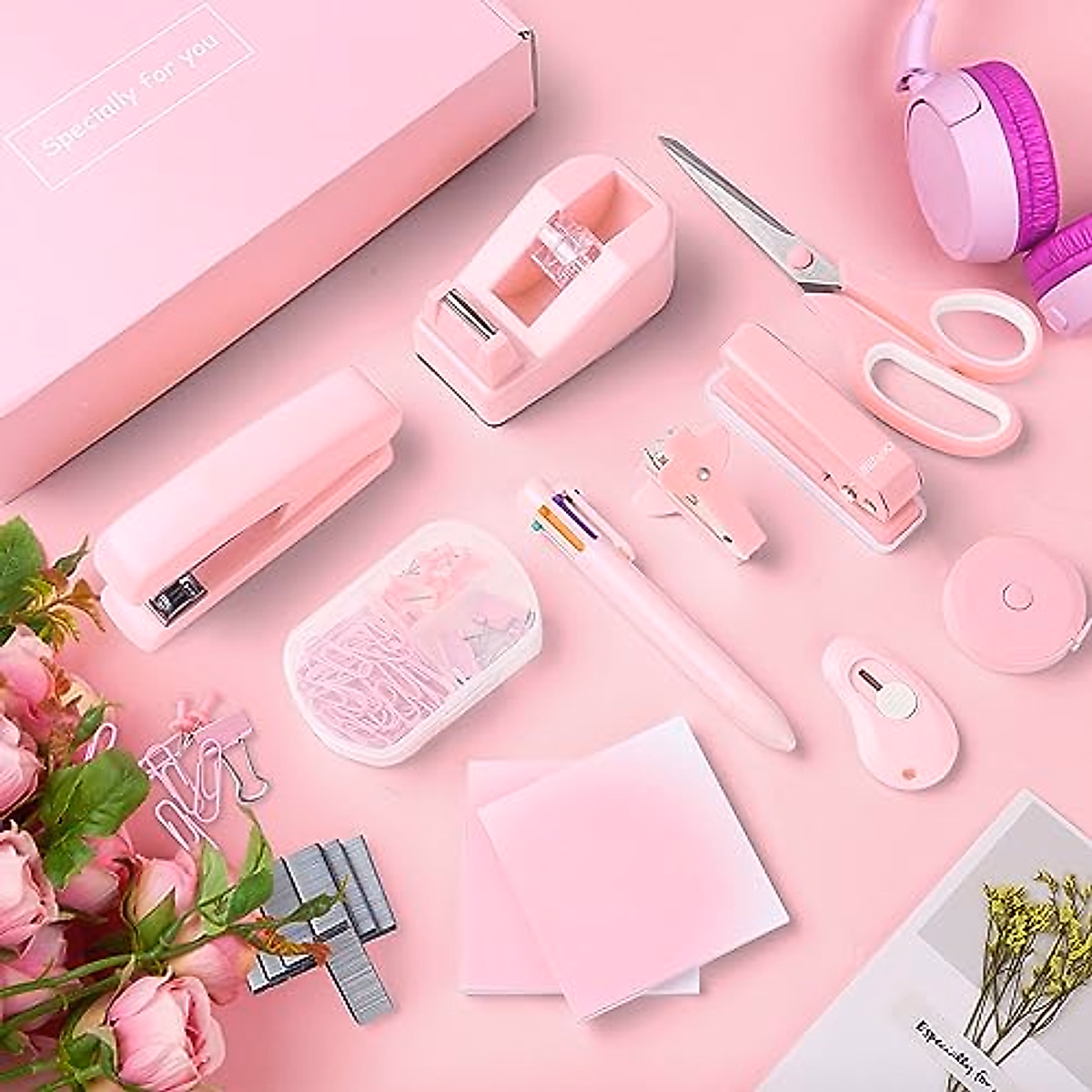 Pink Desk Accessory Kit Cute Office Supplies Set Desktop Stapler Set Includes Staple Remover Hole Punch Tape Dispenser Ballpoint Pen Scissor Mini Box Cutter Tape Measure Paper Clips Sticky Notes