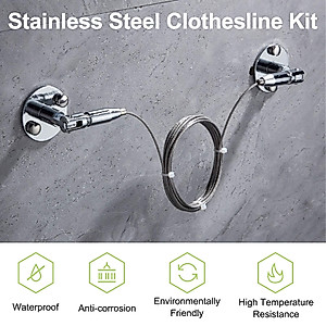 UFURMATE Clothesline Set, Stainless Steel Outdoor Cable Wire Rope Wall Mount Picture Hanging Wire Rod Set with Small Clothespins and Screws for Hanging Clothes, Photos, Ornaments