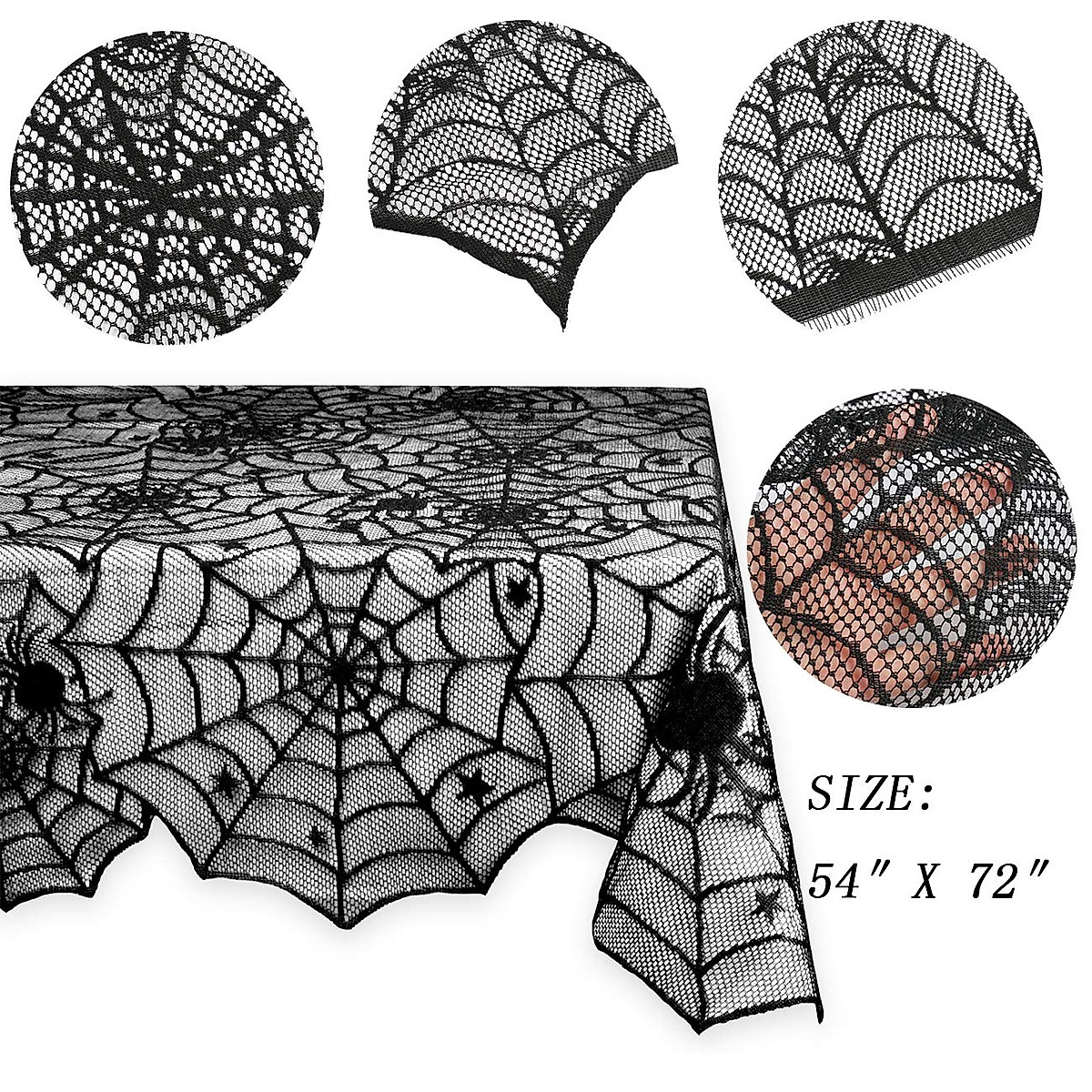 Sunnyglade Halloween 18"x96" Lace Spiderweb Fireplace Mantle Cover Fireplace Scarf & 54"x72" Rectangular Black Spider Web Lace Tablecloth, Festive Party Halloween Supplies