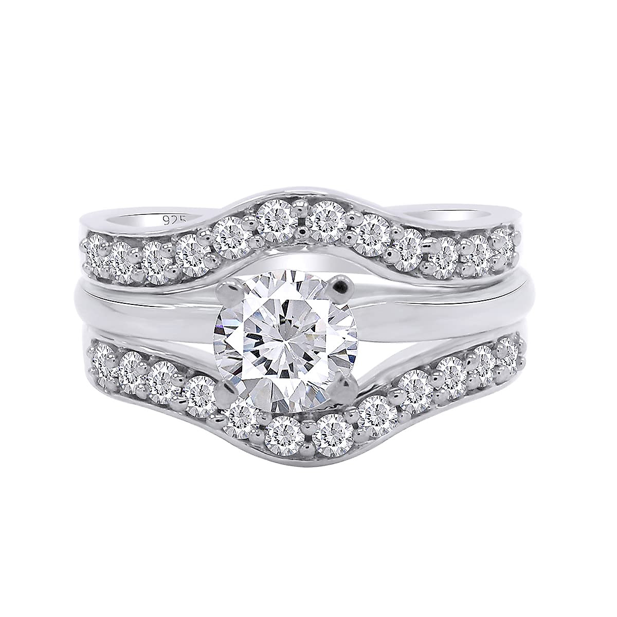 AFFY 1.14 Carat Round White Cubic Zirconia Solitaire Enhancer Guard Ring 14K White Gold Over Sterling Silver Ring Size-8.5