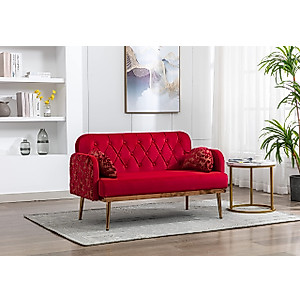 HomJoones 55.12" Accent Sofa, Velvet Sofa, Mid Century Modern Velvet Fabric Couch, Recliner Couch Accent Sofa Loveseat Sofa with Gold Metal Feet (Red)