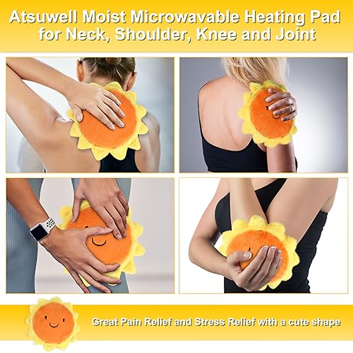 Atsuwell Microwave Heating Pad, Multipurpose Warm Moist Heat Pillow, Fluffy Microwavable Heat Pad for Pain Relief, Moist Heat Compress for Cramps, Muscles, Joints, Back, Neck and Shoulders, Yellow Sun