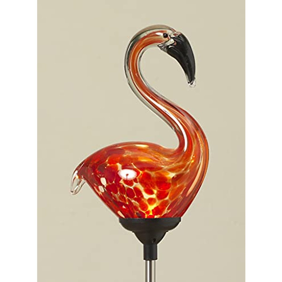 Hand Blown Glass Flamingo Solar Lighted Yard Stake, Solar Garden Torch 31 Inches High with Lighted Glass Body and Automatic Night Lighting