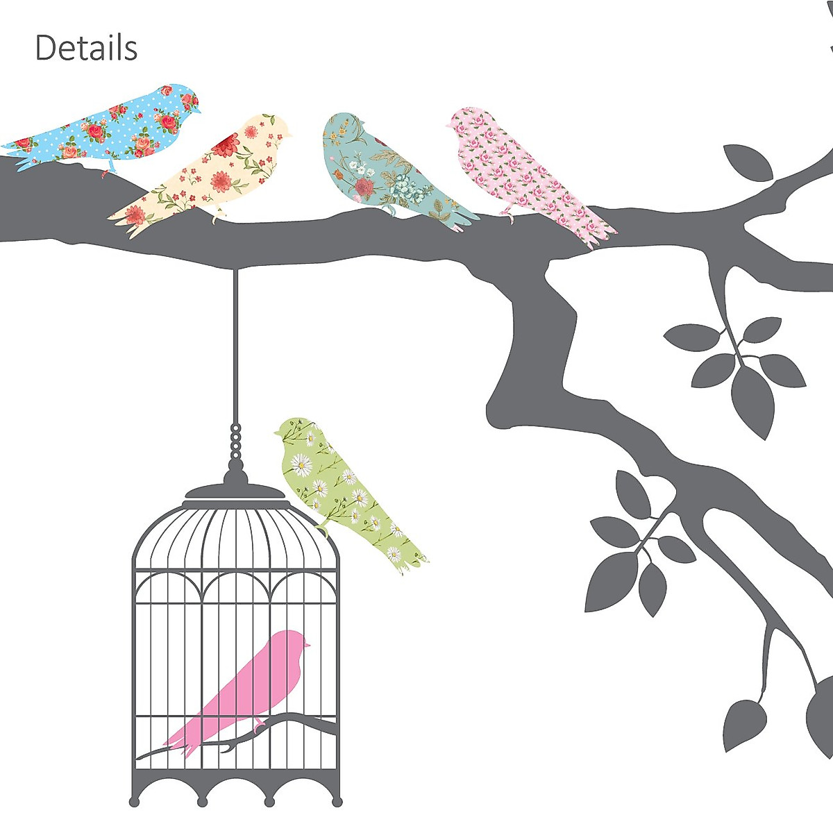 DECOWALL DW-1510 Birds on Tree Branch with Bird Cages Kids Wall Stickers Wall Decals Peel and Stick Removable Wall Stickers for Kids Nursery Bedroom Living Room (Grey) d?cor