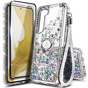 NGB Supremacy Compatible with Samsung Galaxy S23 Plus Case (6.6 Inch) with Tempered Glass Screen Protector, Ring Holder/Wrist Strap, Girls Women Bling Liquid Floating Glitter Cute Case (Gem)
