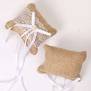 ccHuDE 2 Pcs Burlap Ring Pillows Wedding Ring Bearer Pillow Lace Bridal Ring Holders Vintage Ring Display Pillows with Bows