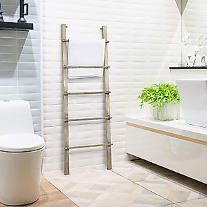 MyGift Solid Wood Vintage Brown Washed Wall Leaning Quilt Ladder, Farmhouse Bathroom Ladder Holder Rack with Rustic Metal Cuffs