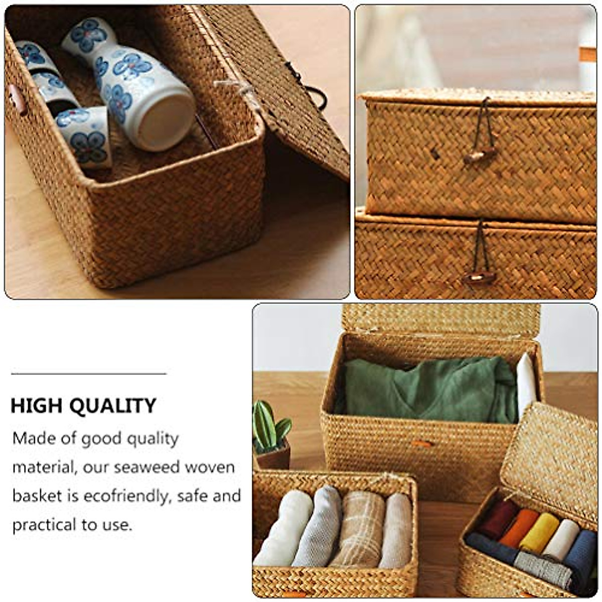 DOITOOL 2pcs Straw Storage Baskets with Lid Seagrass Seaweed Woven Storage Box Laundry Hampers Desktop Sundry Organizer for Clothes Washing Sorting Picnic 26X16x10CM