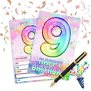 MUZRUYOU 9th Birthday party Invitation Cards, Rainbow Holographic invite with Envelopes（20 set