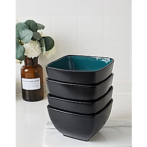 AmorArc 32oz Square Cereal Soup Bowls, Stoneware Bowls Set of 4 for Kitchen, Large Bowls for Cereal,Soup,Salad,Meal, Microwave & Dishwasher Safe-Green Inside