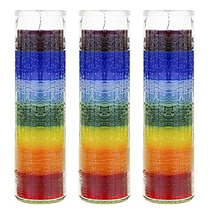 Mega Candles 3 pcs Unscented Multi Color Chakra Glass Prayer Devotional Candle, Hand Poured Premium Wax Candles 2 Inch x 8 Inch, Promotes Positive Energy, Aids Meditation & Relaxation